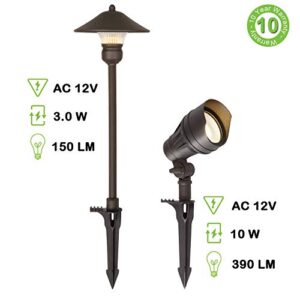 8 Pack Low Voltage LED Landscape Kits, 12V Pathway Flood Light Kits, 10W 390LM and 3W 150LM Wired for Outdoor Yard Lawn, Die-cast Aluminum, 50W and 30W Equivalent 15-Year Lifespan