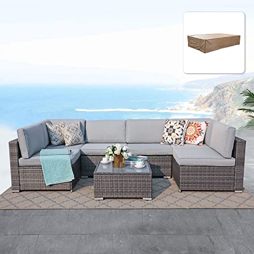 Patiorama 7 Pieces Outdoor Patio Furniture Set, All Weather Grey PE Wicker Rattan Sectional Conversation Set, Porch Garden W/Built-in Glass Table, Seat Clips, Light Grey Cushions