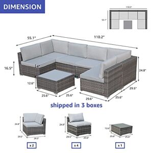 Patiorama 7 Pieces Outdoor Patio Furniture Set, All Weather Grey PE Wicker Rattan Sectional Conversation Set, Porch Garden W/Built-in Glass Table, Seat Clips, Light Grey Cushions