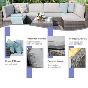 Patiorama 7 Pieces Outdoor Patio Furniture Set, All Weather Grey PE Wicker Rattan Sectional Conversation Set, Porch Garden W/Built-in Glass Table, Seat Clips, Light Grey Cushions