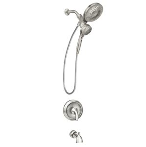 moen engage magnetix spot resist brushed nickel multi-function handshower and rainfall shower head trim combo with shower handle, tub spout, metal hose and valve, 82304srn