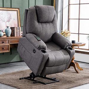 MCombo Electric Power Lift Recliner Chair Sofa with Massage and Heat for Elderly, 3 Positions, 2 Side Pockets, and Cup Holders, USB Ports, Fabric 7040 (Medium, Gray)