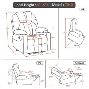 MCombo Electric Power Lift Recliner Chair Sofa with Massage and Heat for Elderly, 3 Positions, 2 Side Pockets, and Cup Holders, USB Ports, Fabric 7040 (Medium, Gray)