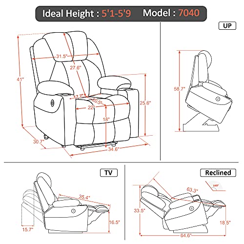 MCombo Electric Power Lift Recliner Chair Sofa with Massage and Heat for Elderly, 3 Positions, 2 Side Pockets, and Cup Holders, USB Ports, Fabric 7040 (Medium, Gray)