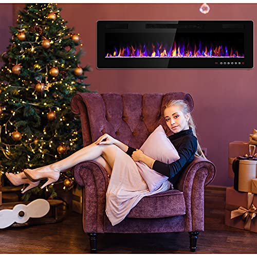 Electactic 60 inches Electric Fireplace Recessed and Wall Mounted Electric Fireplace, Fireplace Heater and Linear Fireplace, with Timer, Remote Control, Adjustable Flame Color, 750w/1500w, Black