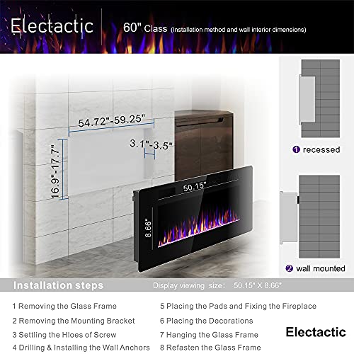 Electactic 60 inches Electric Fireplace Recessed and Wall Mounted Electric Fireplace, Fireplace Heater and Linear Fireplace, with Timer, Remote Control, Adjustable Flame Color, 750w/1500w, Black