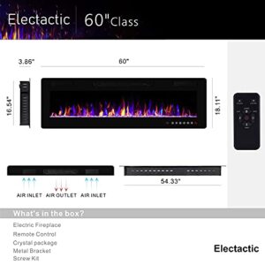 Electactic 60 inches Electric Fireplace Recessed and Wall Mounted Electric Fireplace, Fireplace Heater and Linear Fireplace, with Timer, Remote Control, Adjustable Flame Color, 750w/1500w, Black