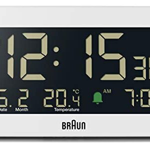 Braun Digital Alarm Clock with Date, Month and Temperature Displayed, Negative LCD Display, Quick Set, Crescendo Beep Alarm in White, Model BC10W.