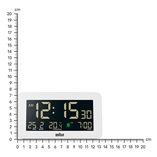 Braun Digital Alarm Clock with Date, Month and Temperature Displayed, Negative LCD Display, Quick Set, Crescendo Beep Alarm in White, Model BC10W.