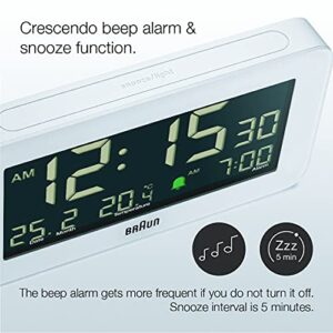 Braun Digital Alarm Clock with Date, Month and Temperature Displayed, Negative LCD Display, Quick Set, Crescendo Beep Alarm in White, Model BC10W.