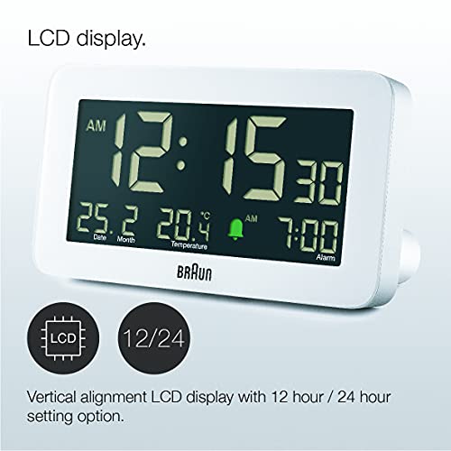 Braun Digital Alarm Clock with Date, Month and Temperature Displayed, Negative LCD Display, Quick Set, Crescendo Beep Alarm in White, Model BC10W.