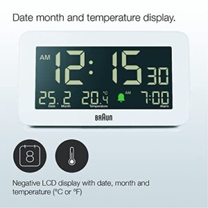 Braun Digital Alarm Clock with Date, Month and Temperature Displayed, Negative LCD Display, Quick Set, Crescendo Beep Alarm in White, Model BC10W.