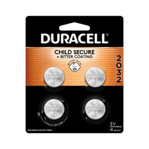 duracell cr2032 3v lithium battery, child safety features, 4 count pack, lithium coin battery for key fob, car remote, glucose monitor, cr lithium 3 volt cell