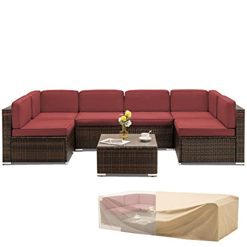 UDPATIO Outdoor Patio Furniture Sets 7 Pieces Outdoor Sectional Couch, PE Rattan Sofa Wicker Patio Conversation Sets with Cover for Deck Balcony Yard Poolside w/Coffee Table Thickened Cushions, Red