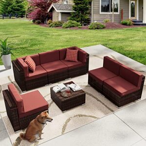 UDPATIO Outdoor Patio Furniture Sets 7 Pieces Outdoor Sectional Couch, PE Rattan Sofa Wicker Patio Conversation Sets with Cover for Deck Balcony Yard Poolside w/Coffee Table Thickened Cushions, Red