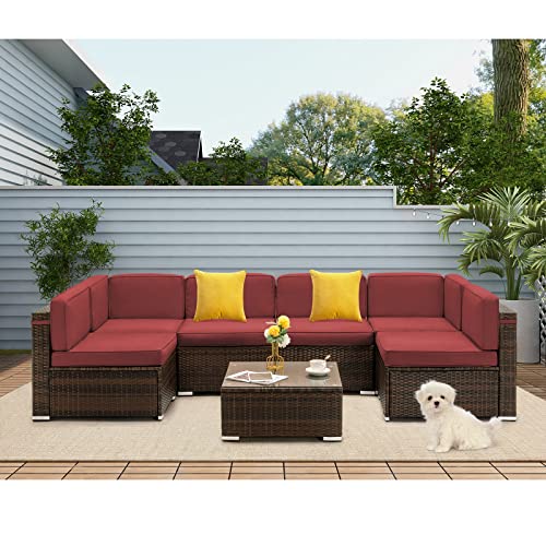 UDPATIO Outdoor Patio Furniture Sets 7 Pieces Outdoor Sectional Couch, PE Rattan Sofa Wicker Patio Conversation Sets with Cover for Deck Balcony Yard Poolside w/Coffee Table Thickened Cushions, Red