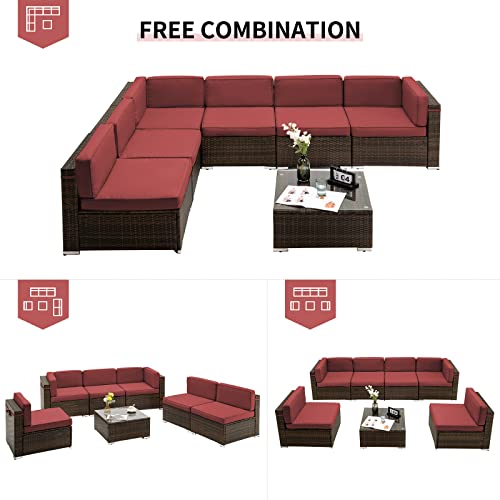 UDPATIO Outdoor Patio Furniture Sets 7 Pieces Outdoor Sectional Couch, PE Rattan Sofa Wicker Patio Conversation Sets with Cover for Deck Balcony Yard Poolside w/Coffee Table Thickened Cushions, Red