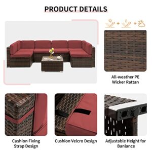 UDPATIO Outdoor Patio Furniture Sets 7 Pieces Outdoor Sectional Couch, PE Rattan Sofa Wicker Patio Conversation Sets with Cover for Deck Balcony Yard Poolside w/Coffee Table Thickened Cushions, Red