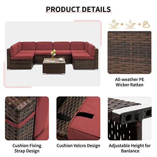 UDPATIO Outdoor Patio Furniture Sets 7 Pieces Outdoor Sectional Couch, PE Rattan Sofa Wicker Patio Conversation Sets with Cover for Deck Balcony Yard Poolside w/Coffee Table Thickened Cushions, Red