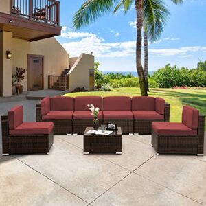 UDPATIO Outdoor Patio Furniture Sets 7 Pieces Outdoor Sectional Couch, PE Rattan Sofa Wicker Patio Conversation Sets with Cover for Deck Balcony Yard Poolside w/Coffee Table Thickened Cushions, Red