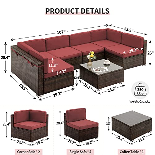 UDPATIO Outdoor Patio Furniture Sets 7 Pieces Outdoor Sectional Couch, PE Rattan Sofa Wicker Patio Conversation Sets with Cover for Deck Balcony Yard Poolside w/Coffee Table Thickened Cushions, Red