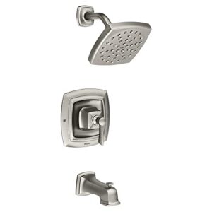 moen conway spot resist brushed nickel bathroom tub and shower trim kit featuring square showerhead, shower handle, and tub spout, with posi-temp valve included, 82922srn