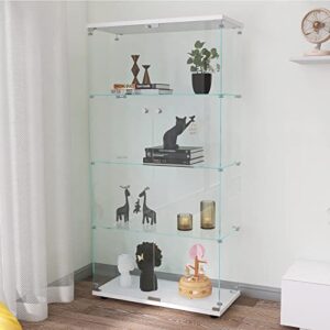 64.5” contemporary 4-shelf case glass display cabinet in clear with two door, modern curio cabinet collection display case, floor standing bookshelf for living room bedroom home office (white)