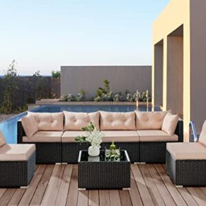 Allewie Patio Furniture Set 7 Pieces Outdoor Furniture with Seat Cushions and Tempered Glass Coffee Table, Wicker Patio Conversation Sets for Backyard, Porch, Balcony, Poolside, Khaki & Black