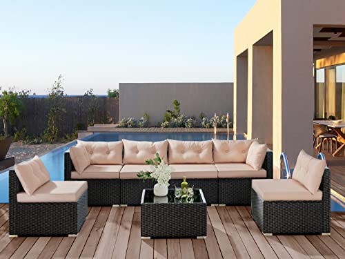 Allewie Patio Furniture Set 7 Pieces Outdoor Furniture with Seat Cushions and Tempered Glass Coffee Table, Wicker Patio Conversation Sets for Backyard, Porch, Balcony, Poolside, Khaki & Black