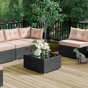 Allewie Patio Furniture Set 7 Pieces Outdoor Furniture with Seat Cushions and Tempered Glass Coffee Table, Wicker Patio Conversation Sets for Backyard, Porch, Balcony, Poolside, Khaki & Black