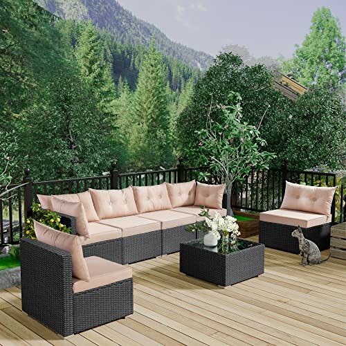 Allewie Patio Furniture Set 7 Pieces Outdoor Furniture with Seat Cushions and Tempered Glass Coffee Table, Wicker Patio Conversation Sets for Backyard, Porch, Balcony, Poolside, Khaki & Black