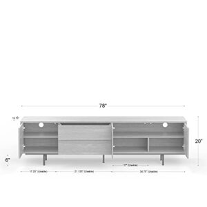 Glenwillow Home Atlas 78" x 20" Modern TV Stand Cabinet - White Frame, Grey Door/Drawers, Black Base