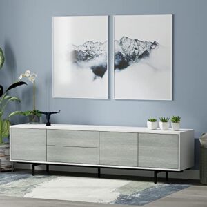 Glenwillow Home Atlas 78" x 20" Modern TV Stand Cabinet - White Frame, Grey Door/Drawers, Black Base