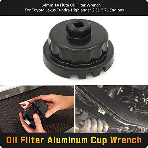 Oil Filter Cap Removal Tool Aluminum Cup Wrench 64mm 14 Flute for Toyota Lexus Scion 2.5L to 5.7L Engines with Cartridge Style Oil Filter Housings Fits Camry, RAV4, Highlander, Sienna, Tundra and More