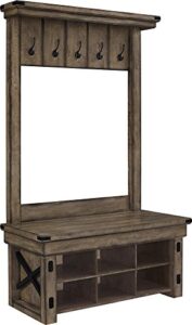 ameriwood home wildwood wood veneer entryway hall tree with storage bench, rustic gray