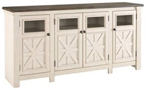 signature design by ashley bolanburg two tone farmhouse tv stand, fits tvs up to 72″, 3 cabinets and adjustable storage shelves, whitewash