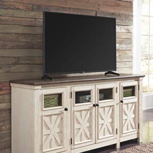 Signature Design by Ashley Bolanburg Two Tone Farmhouse TV Stand, Fits TVs up to 72", 3 Cabinets and Adjustable Storage Shelves, Whitewash