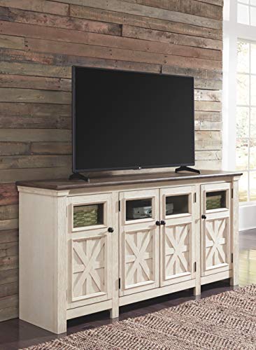 Signature Design by Ashley Bolanburg Two Tone Farmhouse TV Stand, Fits TVs up to 72", 3 Cabinets and Adjustable Storage Shelves, Whitewash