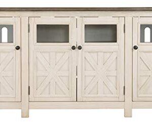 Signature Design by Ashley Bolanburg Two Tone Farmhouse TV Stand, Fits TVs up to 72", 3 Cabinets and Adjustable Storage Shelves, Whitewash