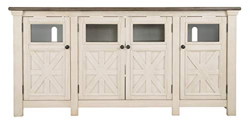 Signature Design by Ashley Bolanburg Two Tone Farmhouse TV Stand, Fits TVs up to 72", 3 Cabinets and Adjustable Storage Shelves, Whitewash