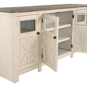 Signature Design by Ashley Bolanburg Two Tone Farmhouse TV Stand, Fits TVs up to 72", 3 Cabinets and Adjustable Storage Shelves, Whitewash