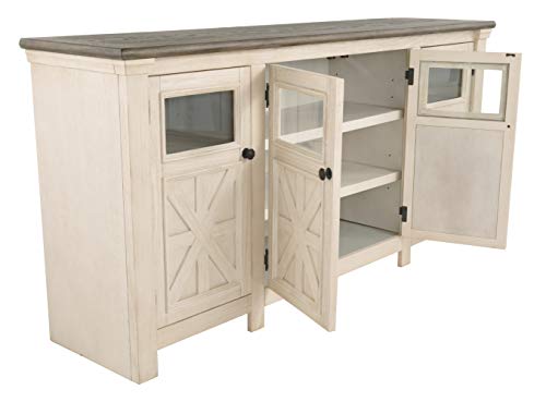 Signature Design by Ashley Bolanburg Two Tone Farmhouse TV Stand, Fits TVs up to 72", 3 Cabinets and Adjustable Storage Shelves, Whitewash