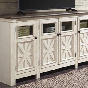 Signature Design by Ashley Bolanburg Two Tone Farmhouse TV Stand, Fits TVs up to 72", 3 Cabinets and Adjustable Storage Shelves, Whitewash