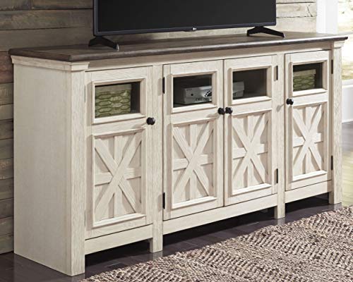 Signature Design by Ashley Bolanburg Two Tone Farmhouse TV Stand, Fits TVs up to 72", 3 Cabinets and Adjustable Storage Shelves, Whitewash