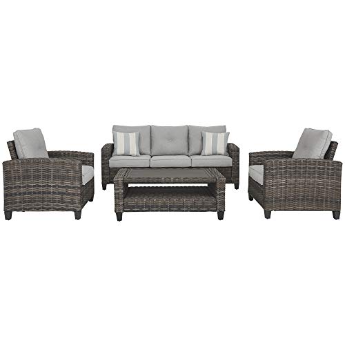 Signature Design by Ashley Cloverbrooke Outdoor Seating Set, Includes Sofa, Coffee Table & 2 Chairs, Gray