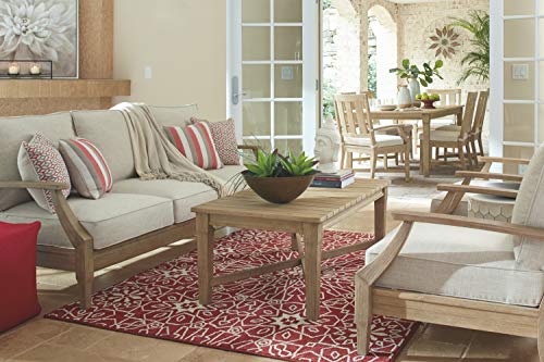 Signature Design by Ashley Clare View Coastal Outdoor Patio Eucalyptus Sofa with Cushions, Beige