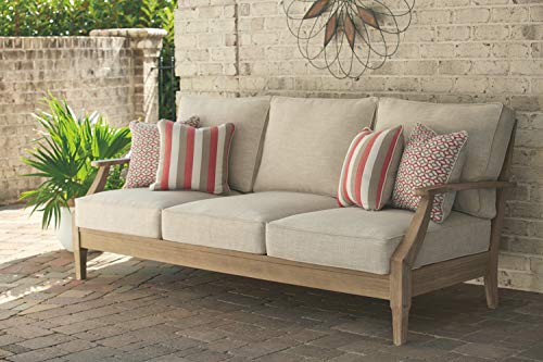 Signature Design by Ashley Clare View Coastal Outdoor Patio Eucalyptus Sofa with Cushions, Beige