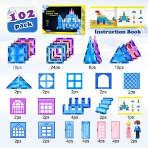 Diamond Magnetic Tiles 102pcs with Dolls, Girls Toys Age 4-5 6-8, Princess Castle Magnetic Blocks, Toys for 3+ Year Old Girls & Boys, Kids Toys Help Kids STEM Learning & Encourage Imaginative Play