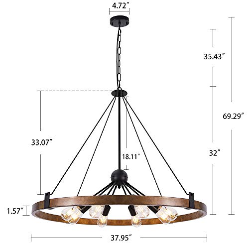 Wellmet Farmhouse Chandelier Diam 38'', Large Wagon Wheel Chandelier Wild West for Dining Room, Rustic Metal Finish with 8 Lights Sputnik Chandelier (Rust Color, Large)