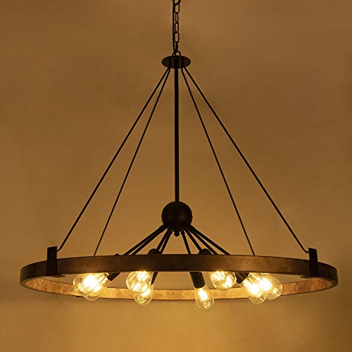 Wellmet Farmhouse Chandelier Diam 38'', Large Wagon Wheel Chandelier Wild West for Dining Room, Rustic Metal Finish with 8 Lights Sputnik Chandelier (Rust Color, Large)